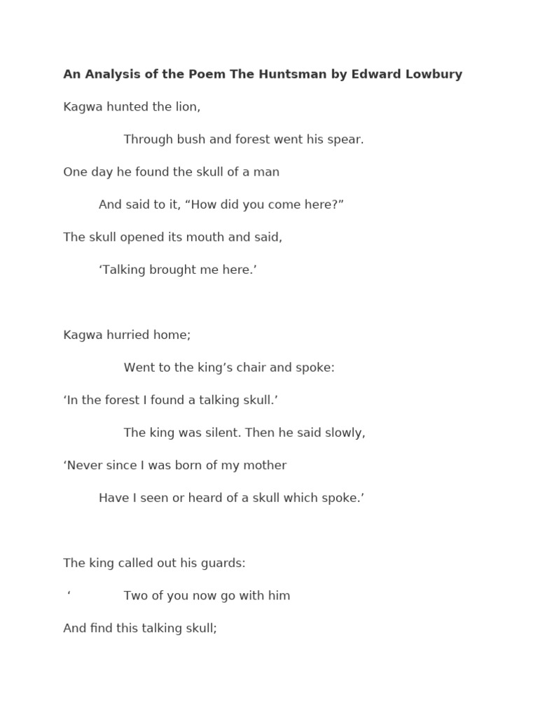 An Analysis of The Poem The Huntsman by Edward Lowbury | PDF | Hunting