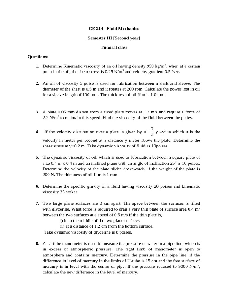CE 214 (FM) Tutorial Classes Problems-3 | PDF | Pressure | Viscosity