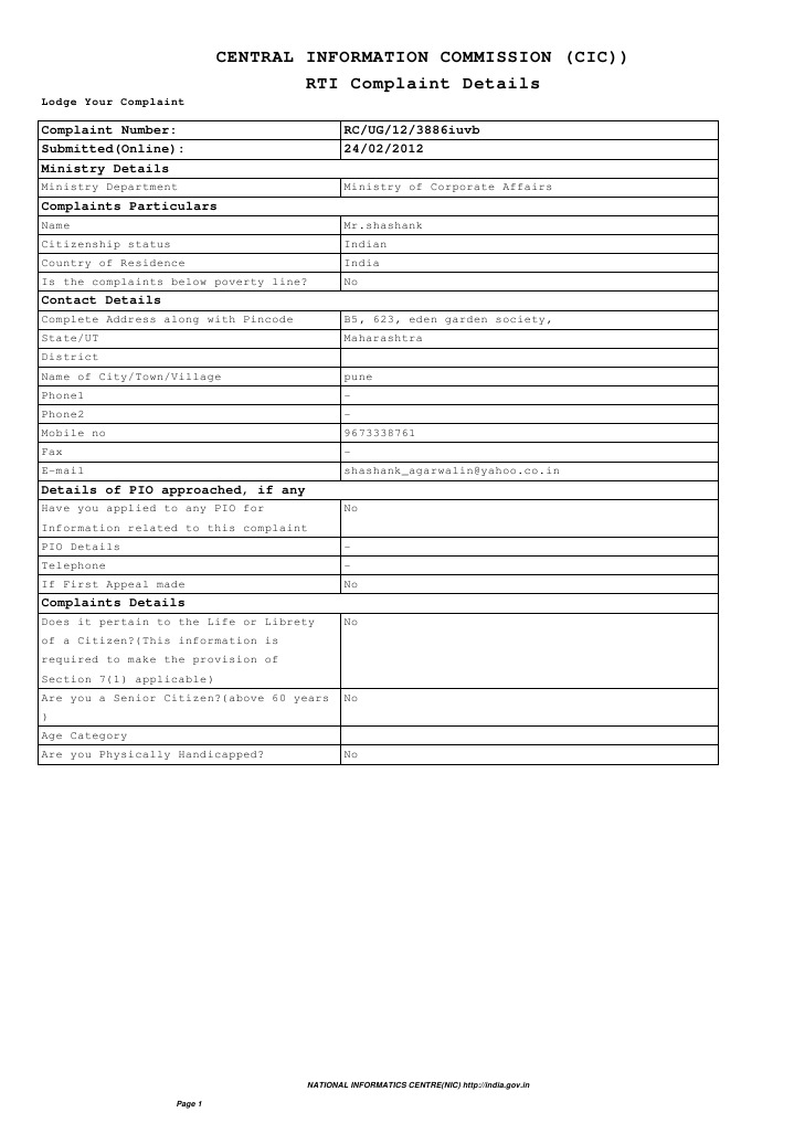 Central Information Commission (Cic) ) RTI Complaint Details | PDF ...