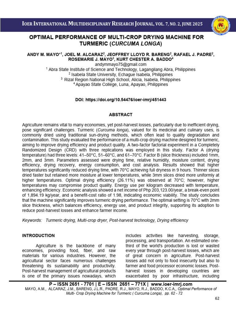 Optimal Performance of Multi - Crop Drying Machine For Turmeric | PDF | Turmeric | Ultraviolet