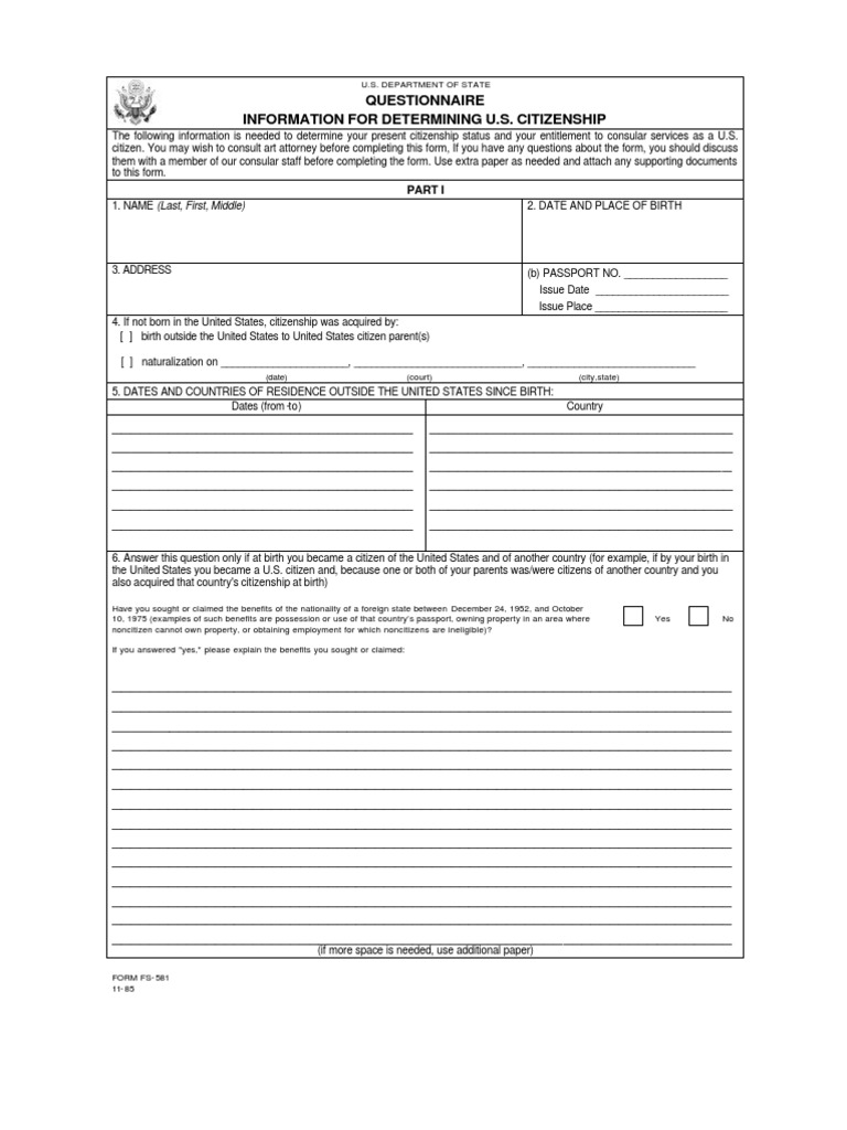 5 FS-581 Dept of State Citizenship Determination Form | United States ...
