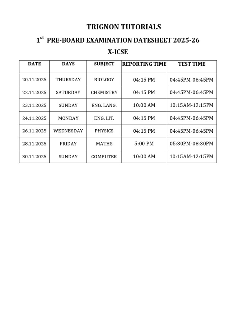 1st Pre Board Exam Datessheet 2025 26 X ICSE | PDF