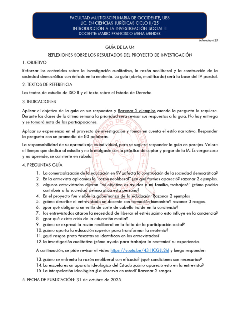 ISO II GUIA U4 Foro y Video Escuela Neol Nov25 | PDF | Maestros ...