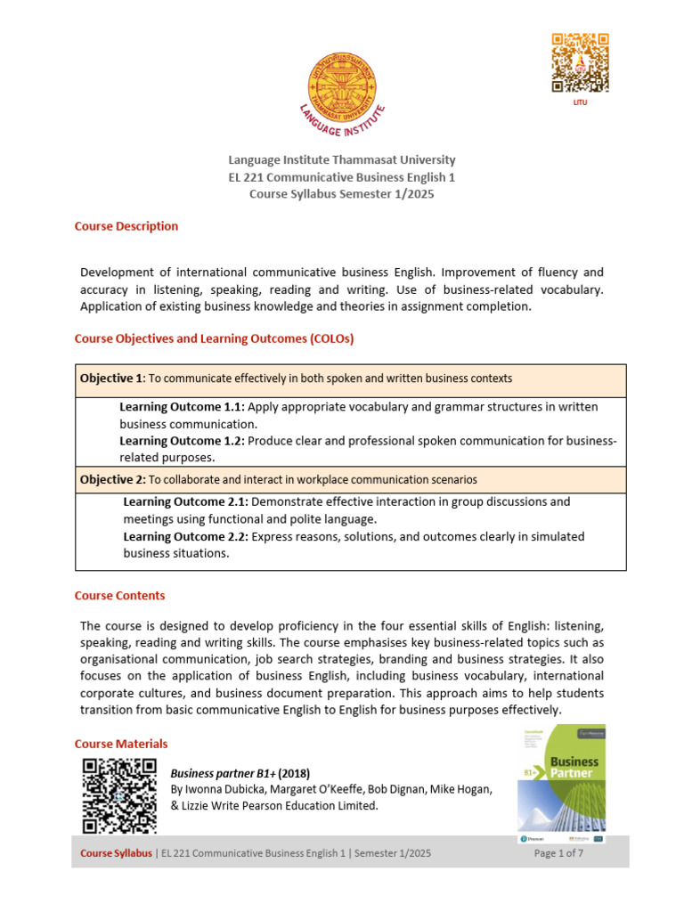 EL221 Course Syllabus As of 6 Oct 2025 2 | PDF | English Language ...