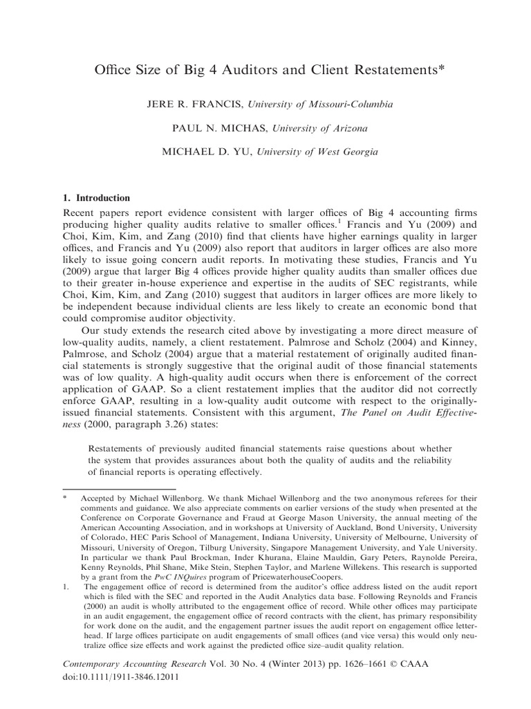 Office Size of Big 4 Auditors and Client Restatements - Francis - CAR ...
