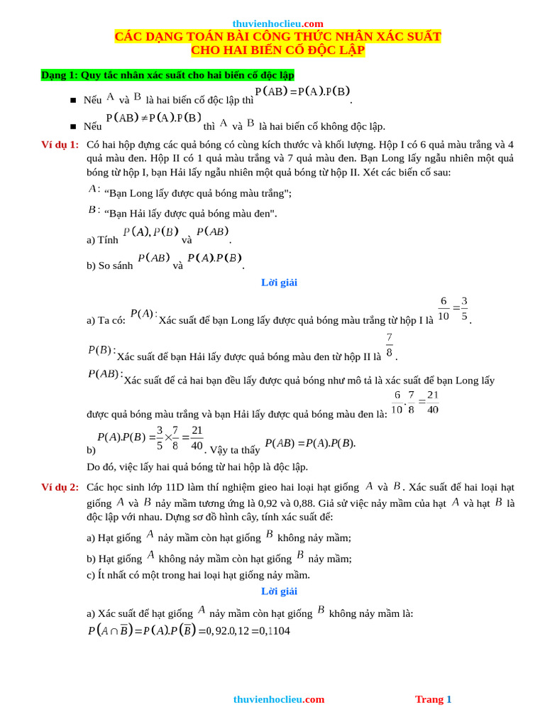 Cac Dang Bai Tap Bai Cong Thuc Nhan Xac Suat Lop 11 | PDF