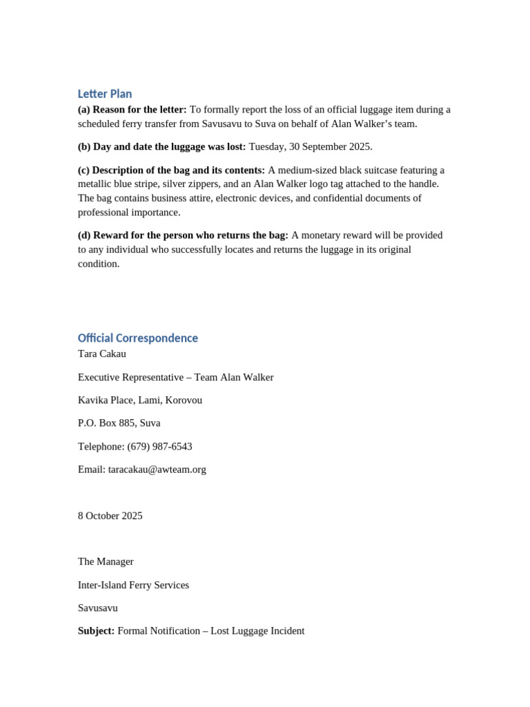 Professional Lost Luggage Letter | PDF