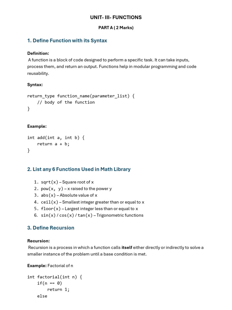 Unit III Functions | PDF | Parameter (Computer Programming) | Integer (Computer Science)