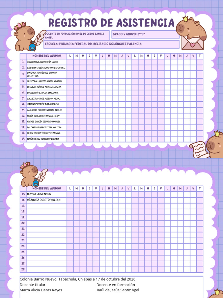 Hoja de Registro de Asistencia Escolar Llamativa y de Color Morado | PDF