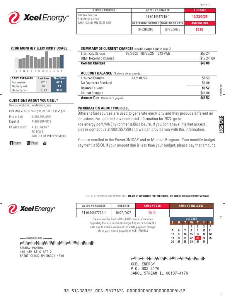 Xcel Energy Bill Summary for October 2025 | PDF | Taxes | Economies