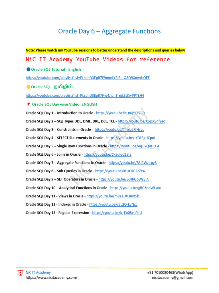 Oracle SQL Aggregate Functions Guide | PDF | Sql | Data