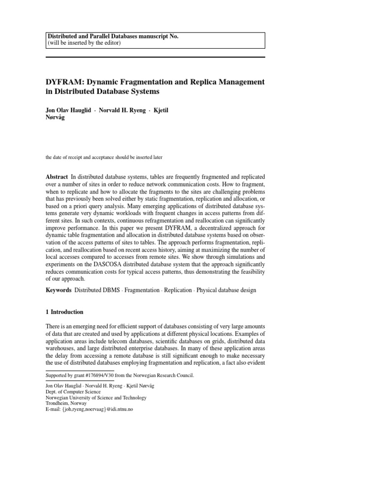 DYFRAM: Dynamic Fragmentation and Replica Management in Distributed Database Systems | PDF ...