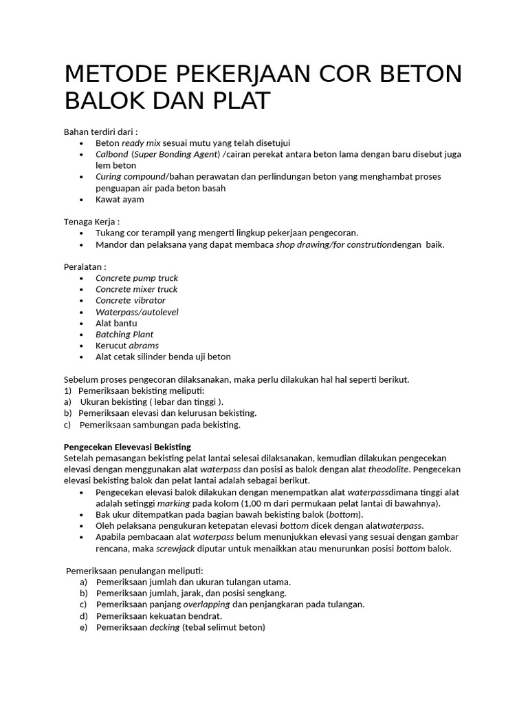 METODE PEKERJAAN COR BETON BALOK DAN PLAT | PDF