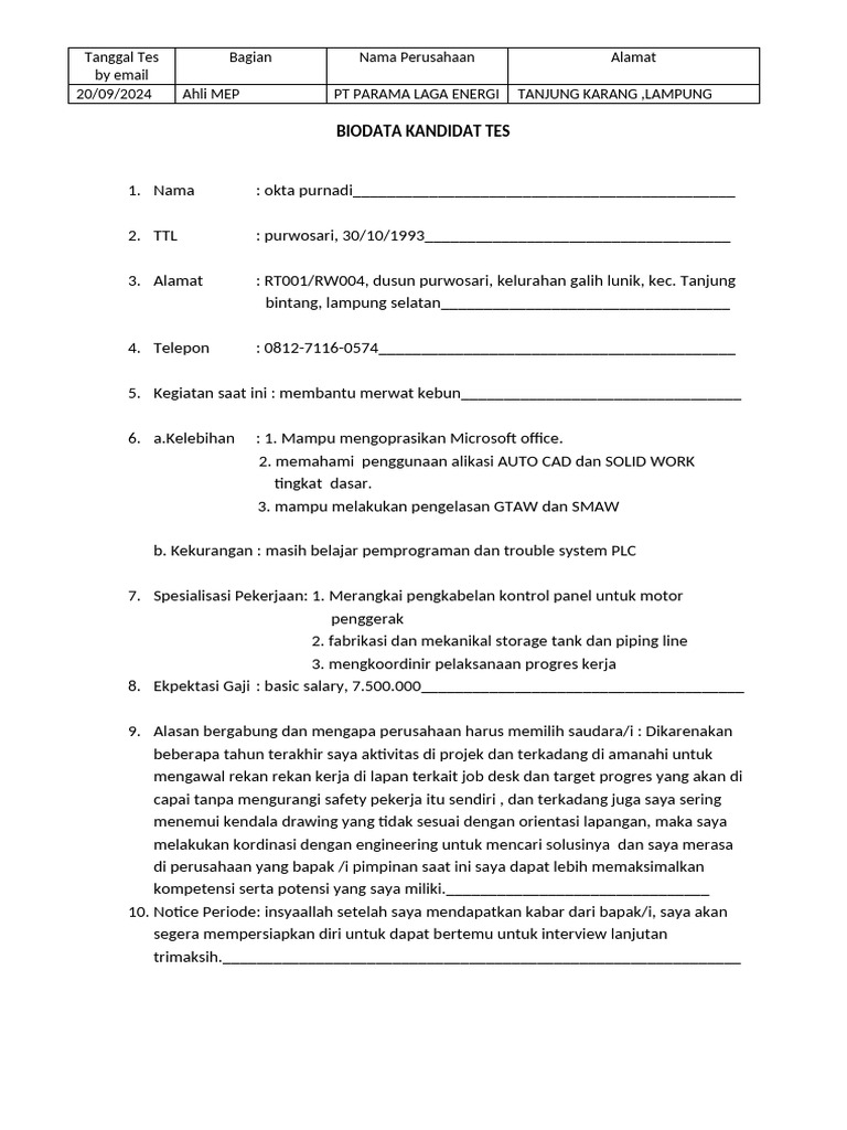 Biodata Kandidat Tes Ahli MEP Lampung | PDF