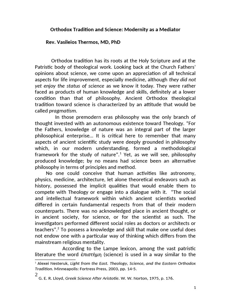 Orthodox Views on Science and Tradition | PDF | Science | Theology