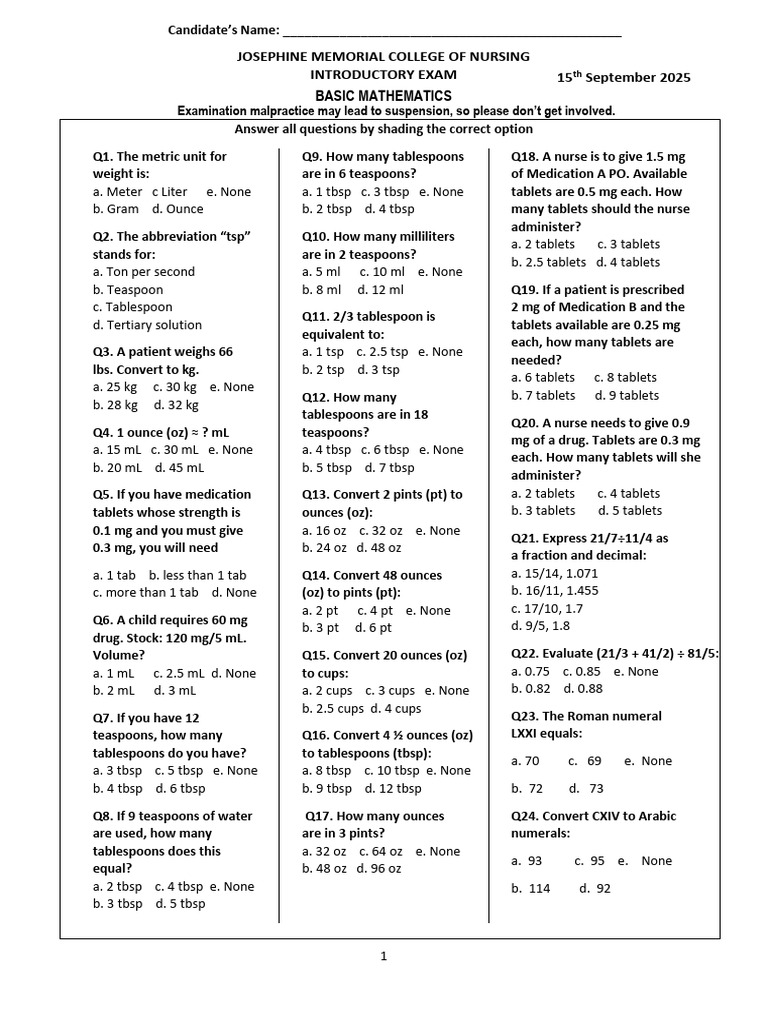 Basic Mathematics Exams 2025 | PDF | Tablespoon | Units Of Measurement