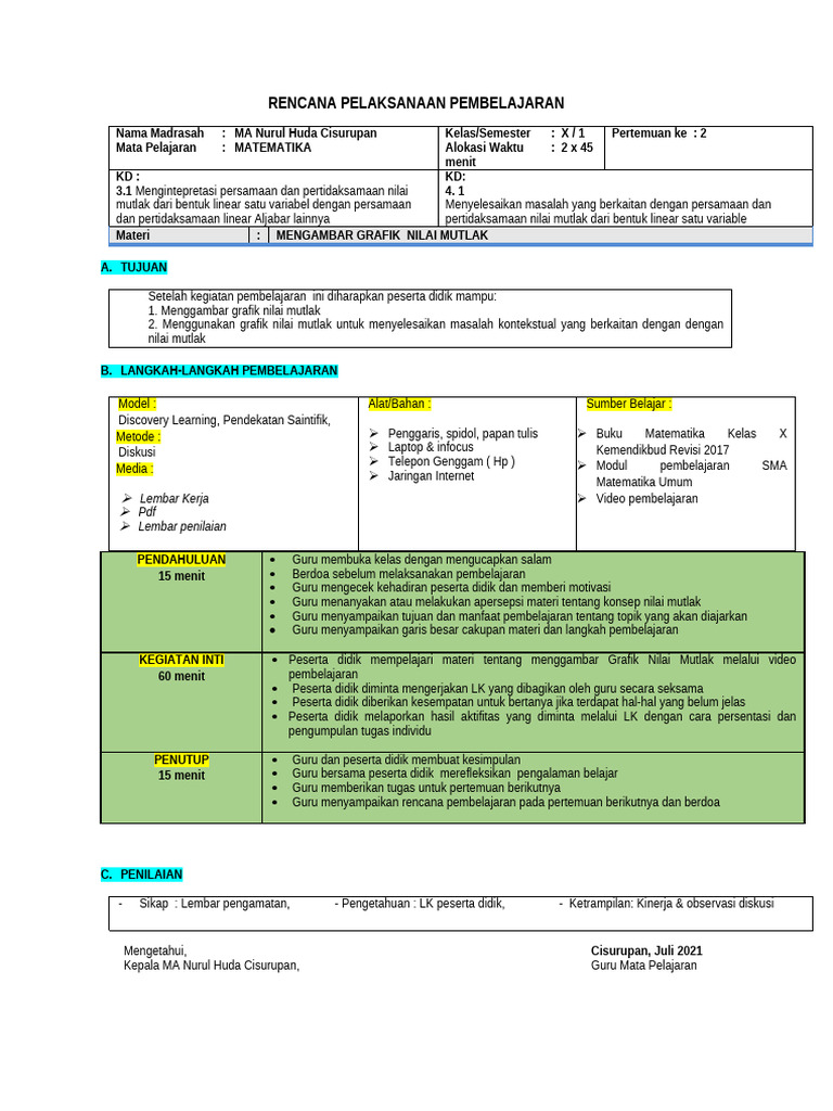 Rpp Kd 3.1 Grafik Nilai Mutlak | PDF
