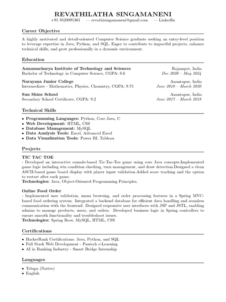 Java Revathi Resume | PDF