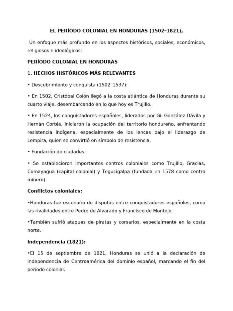 El Período Colonial en Honduras | PDF | Honduras | Feudalismo