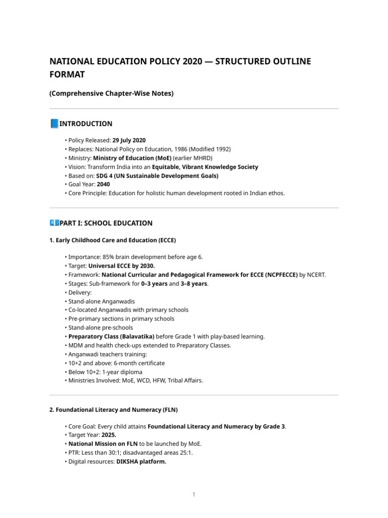 NEP 2020: Comprehensive Chapter-Wise Outline | PDF | Curriculum ...