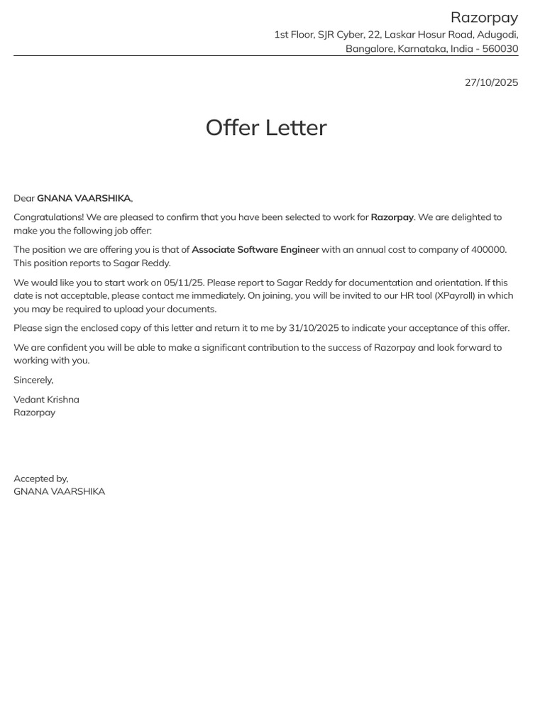 Gnana Vaarshika Offer Letter | PDF | Salary | Common Law