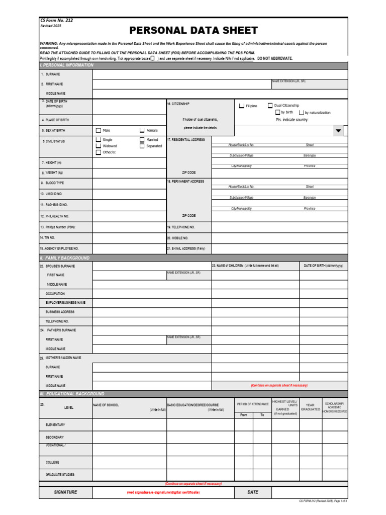 ANNEX H-1 - CS Form No. 212 Revised 2025 - Personal Data Sheet | PDF | Justice | Crime & Violence