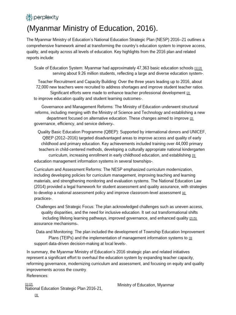 Myanmar Education Strategic Plan 2016-21 | PDF | Learning