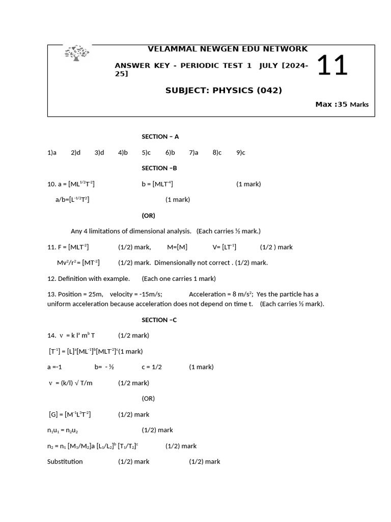 Physics PT - 1 Answer Key | PDF | Acceleration | Physical Sciences