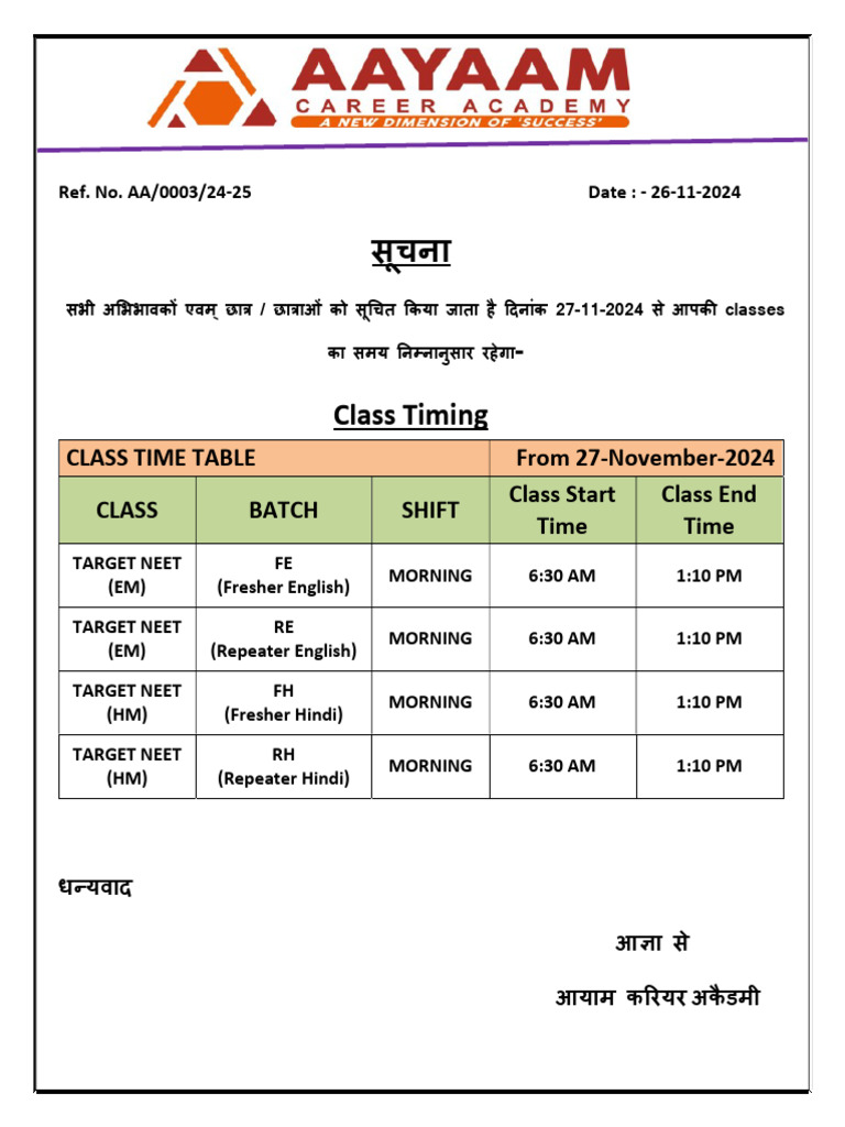 All Target Batches Class Timing Effective From 27-11-2024 | PDF
