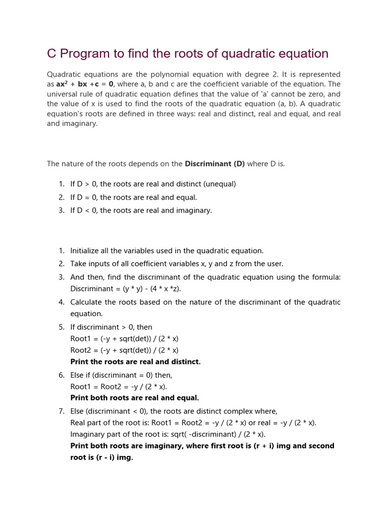 C Program to Calculate Quadratic Roots | PDF | Quadratic Equation ...