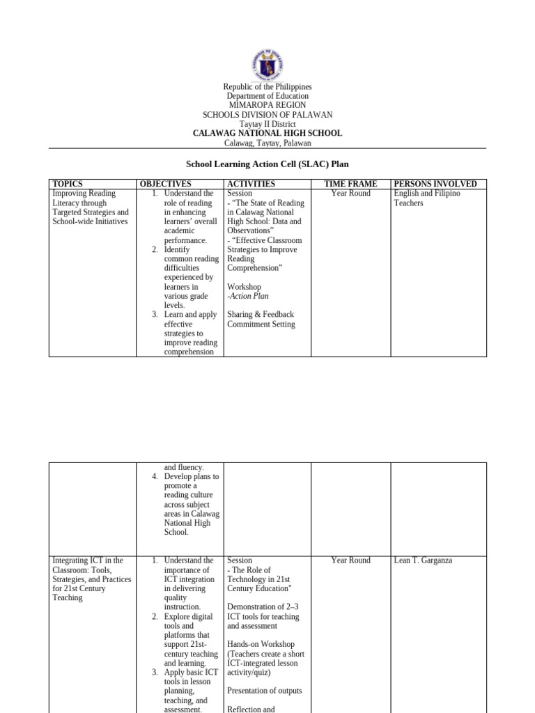 SLAC Plan | PDF | Educational Technology | Reading Comprehension