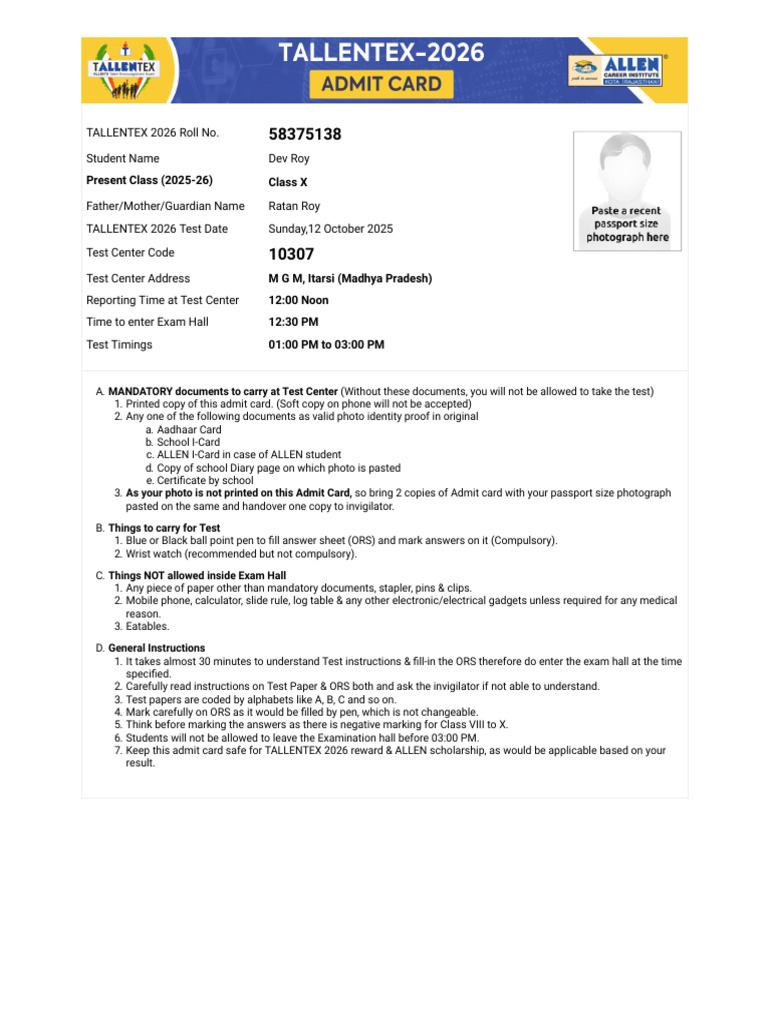 TALLENTEX 2026 Admit Card Details | PDF