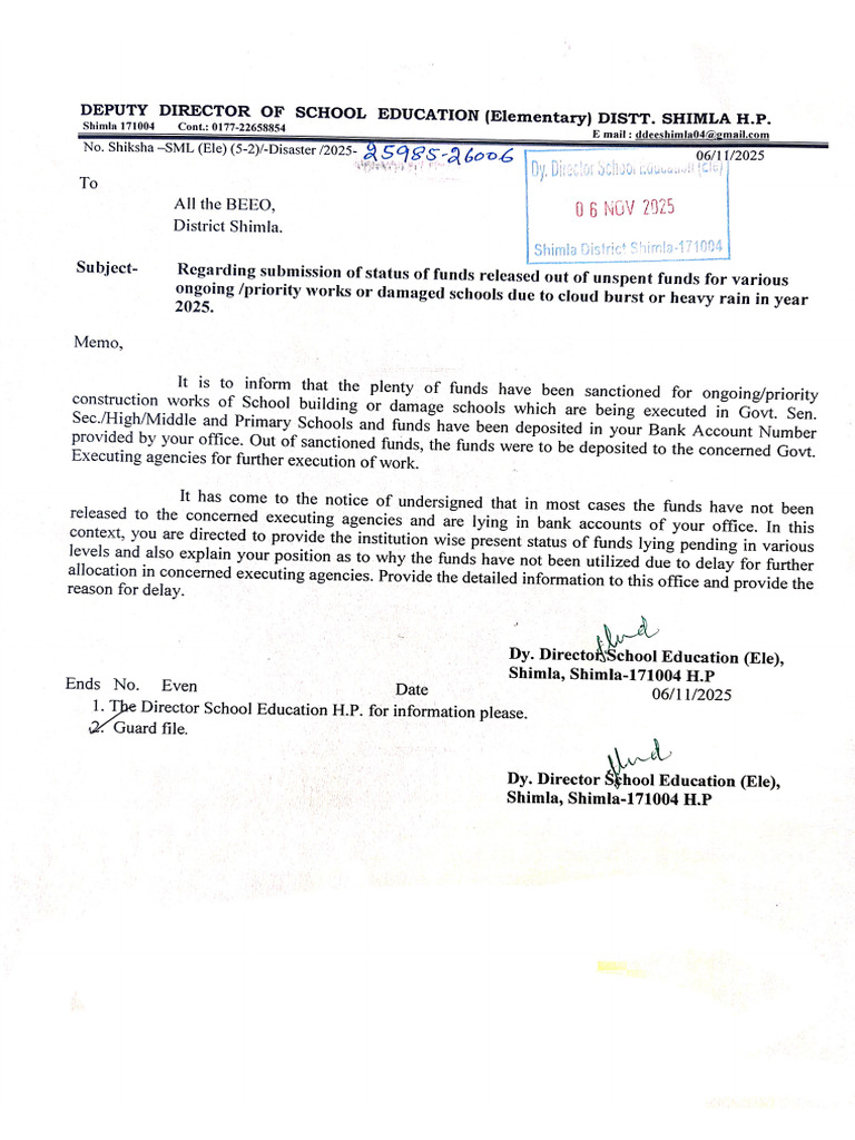 Regarding Submission of Status of Funds Released Out of Unspent Funds ...