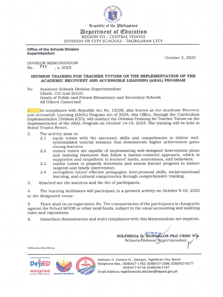 Dm No. 711 s. 2025 Division Training for Teacher Tutors on the Implementation of the Academic ...