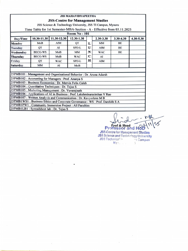 I Semester Mba Time Table-2025 | PDF