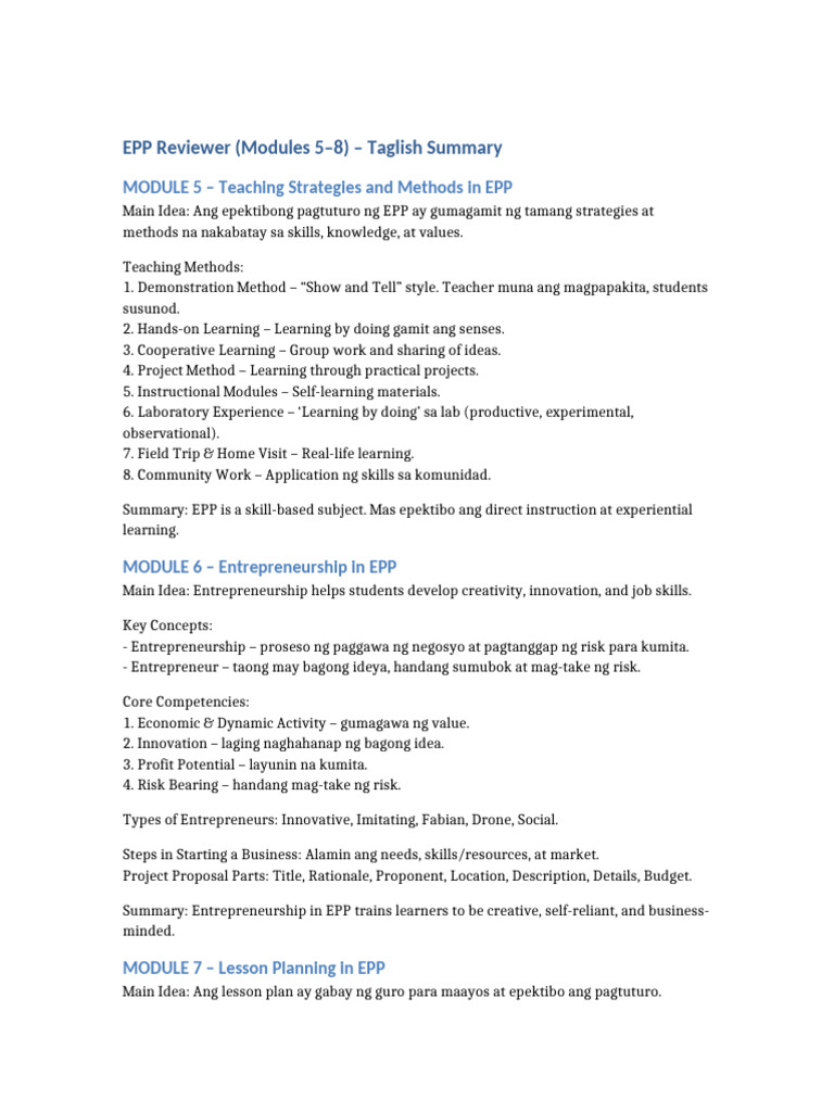 EPP Teaching Strategies and Evaluation Guide | PDF | Lesson Plan ...