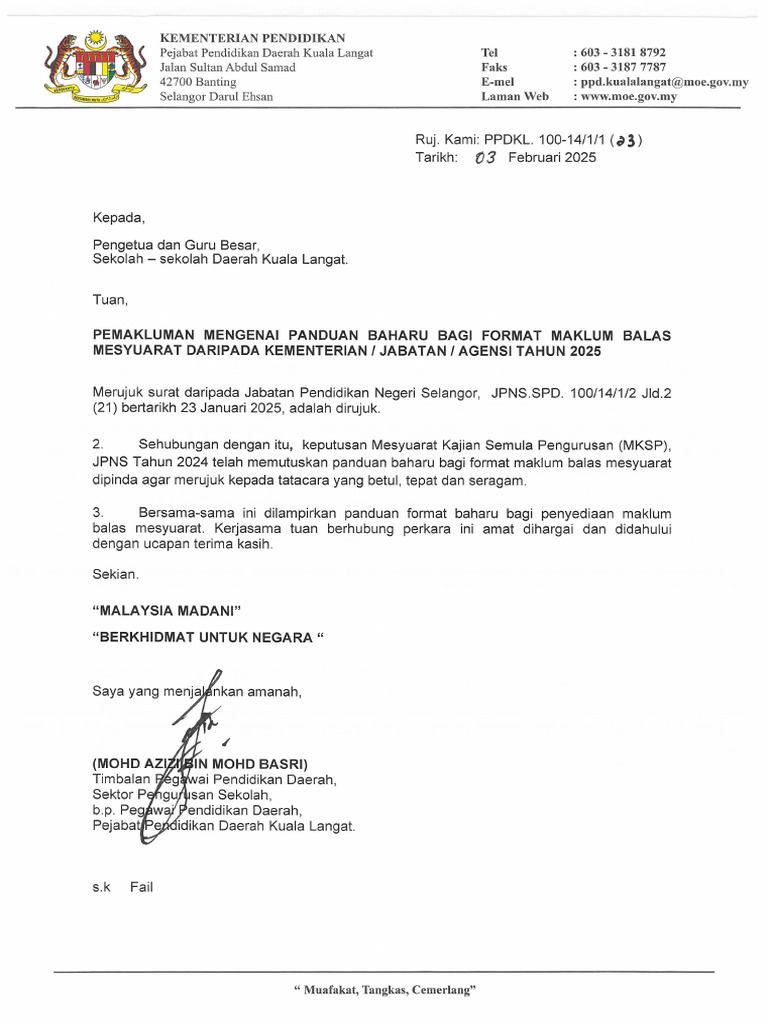 Pemakluman Panduan Baharu Format Maklum Balas Mesyuarat Tahun 2025 | PDF
