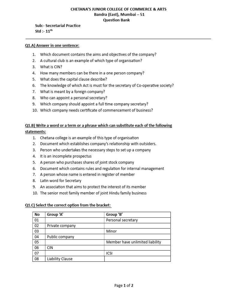 Secretarial Practice Question Bank for 11th Grade | PDF | Private Law ...