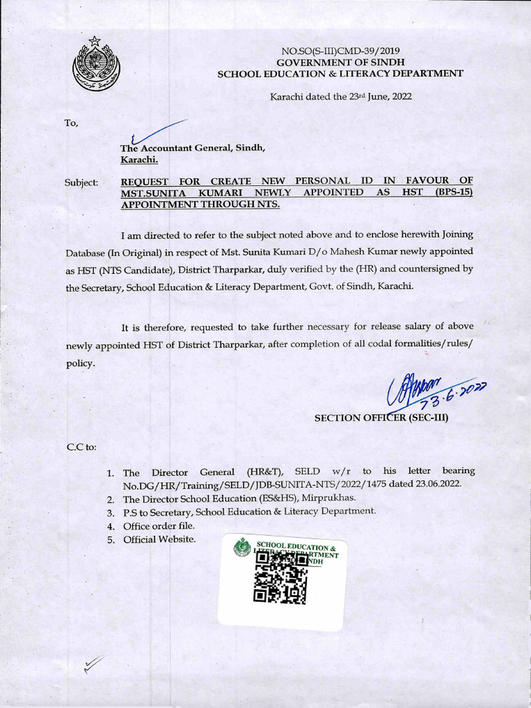 Letter For Request For Create New Personal ID in Favour of MST Sunita ...