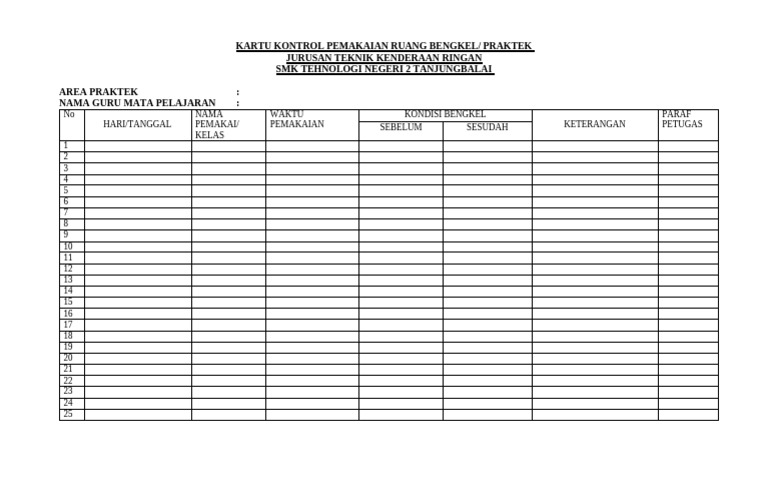 Kartu Kontrol Pemakaian Ruang Bengkel | PDF