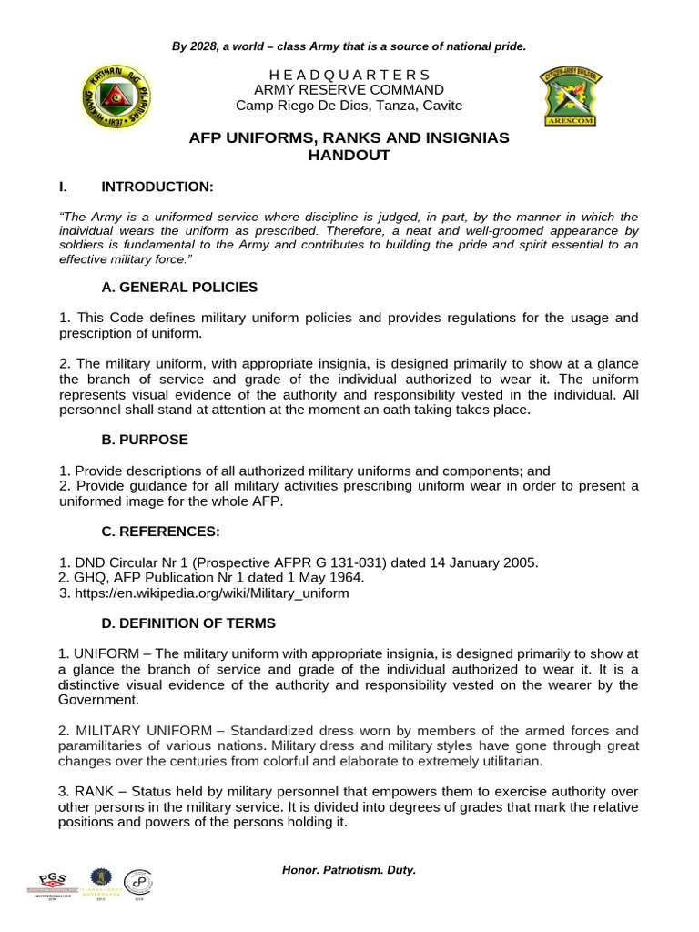 AFP Uniform Code and Regulations | PDF | Sergeant | Lieutenant