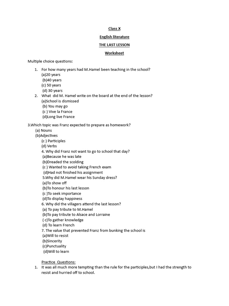 The Last Lesson Worksheet | PDF