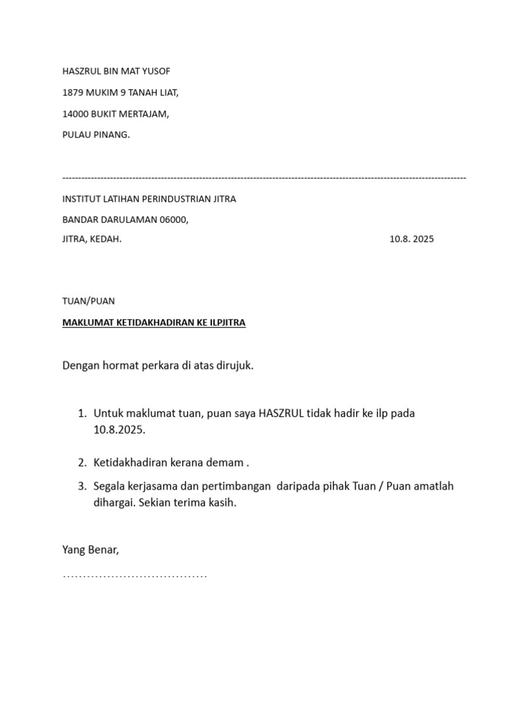 Surat Tidak Hadir Ke Ilp-1 | PDF