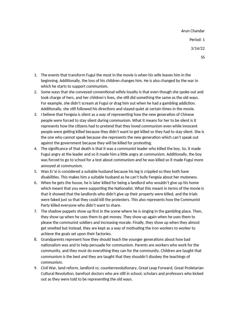 To Live - Question - Arun Chandar | PDF | Communism