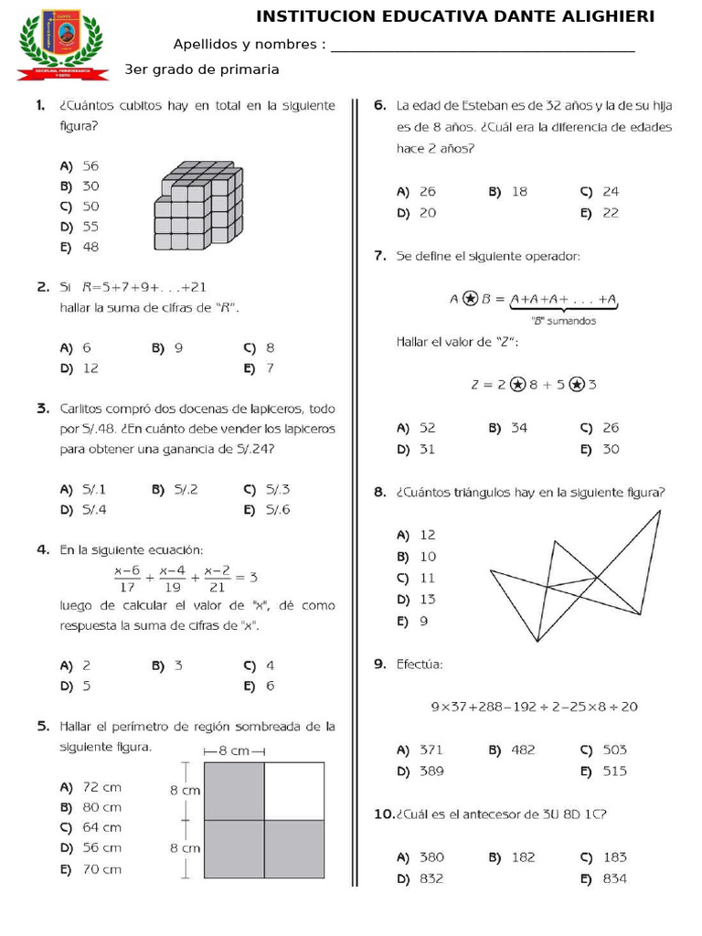 Examen de Matematica. Simulacro - 3er Grado | PDF