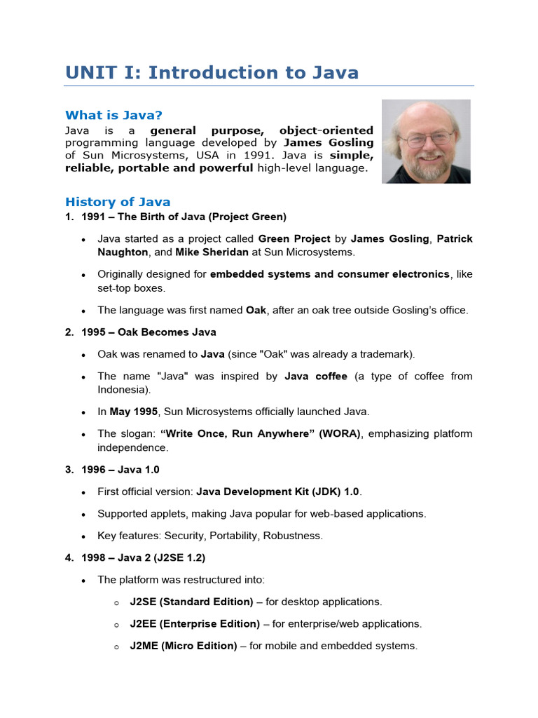 UNIT I - Introduction To Java | PDF | Java (Programming Language) | Java (Software Platform)
