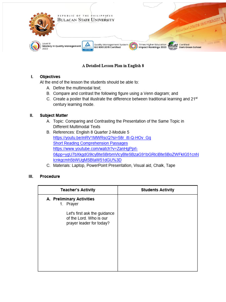 English 8 Lesson Plan: Multimodal Texts | PDF | Cognitive Science ...