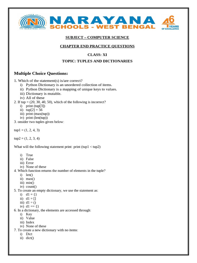 Class Xi Chapter End Chapter-Tuples and Dictionaries | PDF | Computer ...