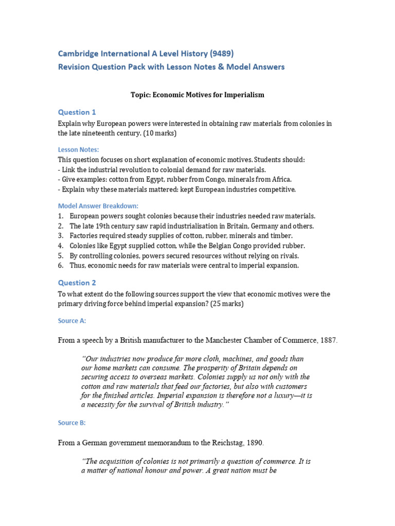 History 9489 Economic Motives Revision Pack With Model Answers | PDF ...