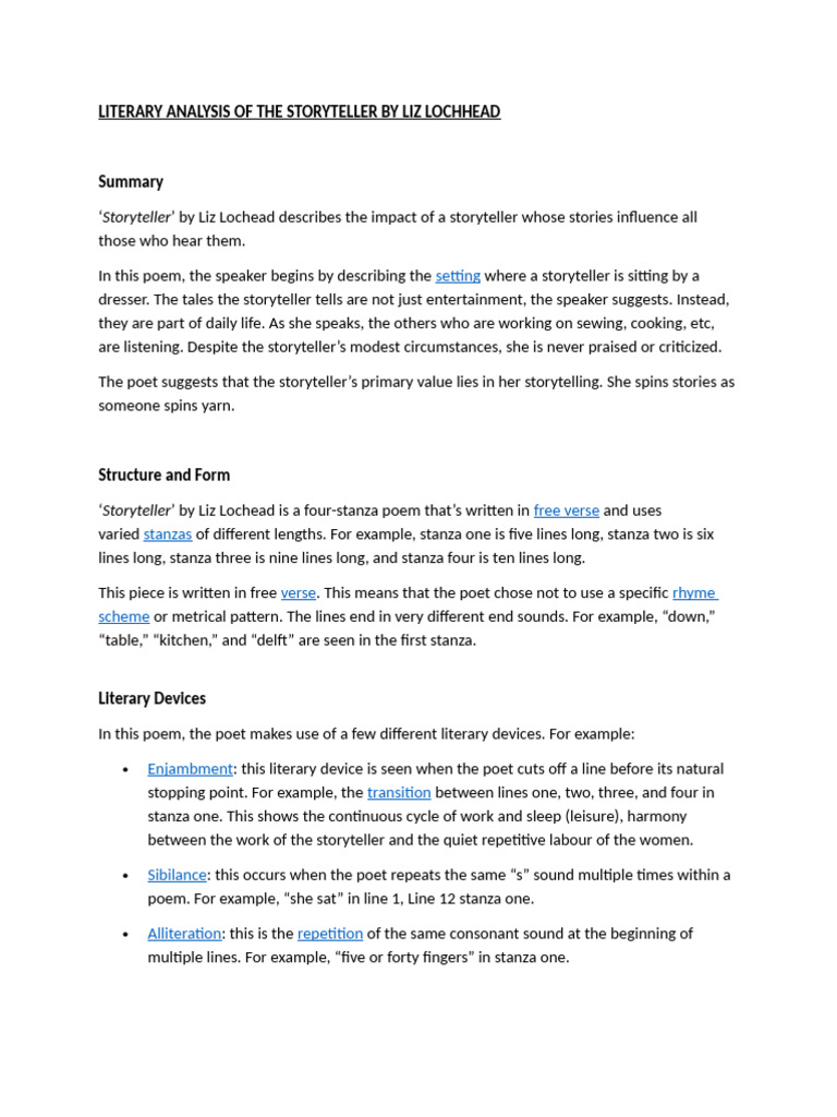 Analysis of Liz Lochhead's "Storyteller" | PDF | Poetry | Storytelling